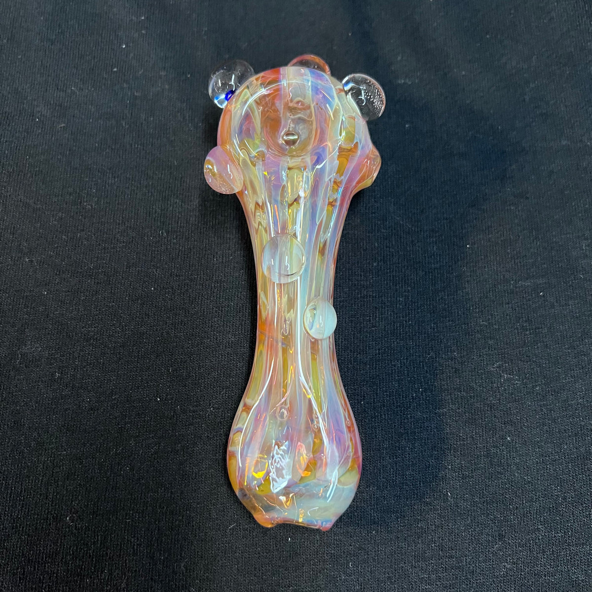 5" glass hand pipe pink/gold/silver fumed w/bumps three blue dots in f ...